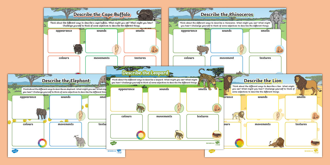 Big Five Animals Adjectives Worksheets Pack (teacher made)