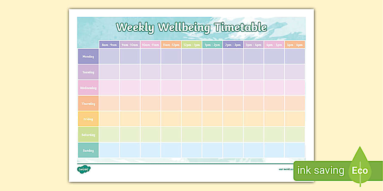Weekly Wellbeing Timetable (teacher made) - Twinkl