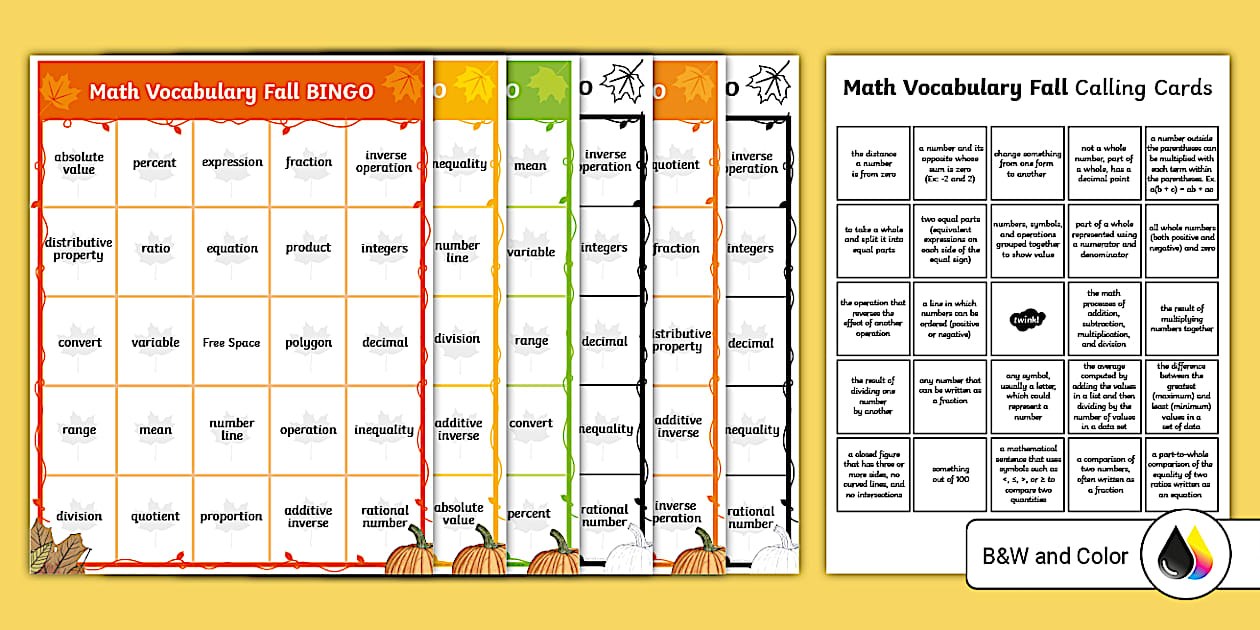 Seventh Grade Math Vocabulary Fall BINGO Worksheet - Twinkl