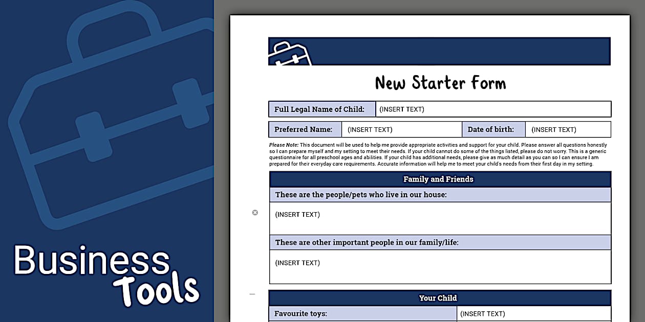New Starter Form for Early Years Children in Private Childcare Settings