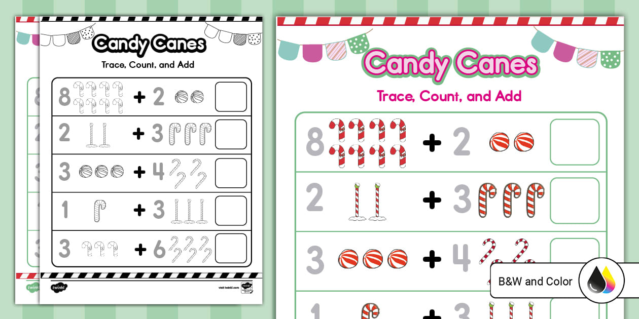 Kindergarten Candy Canes Trace, Count, and Add Worksheet