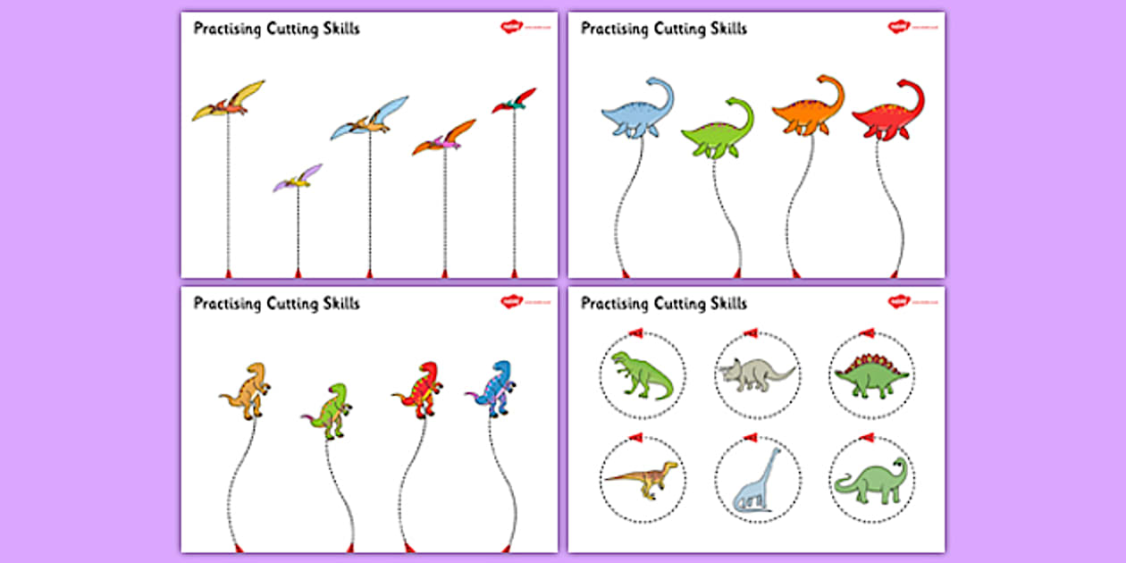 Black and White Dinosaur Themed Scissor Skills Worksheet Pack