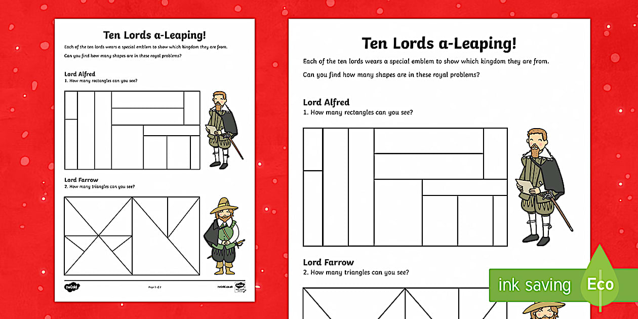 Black and White Ten Lords Leaping Worksheet (teacher made)