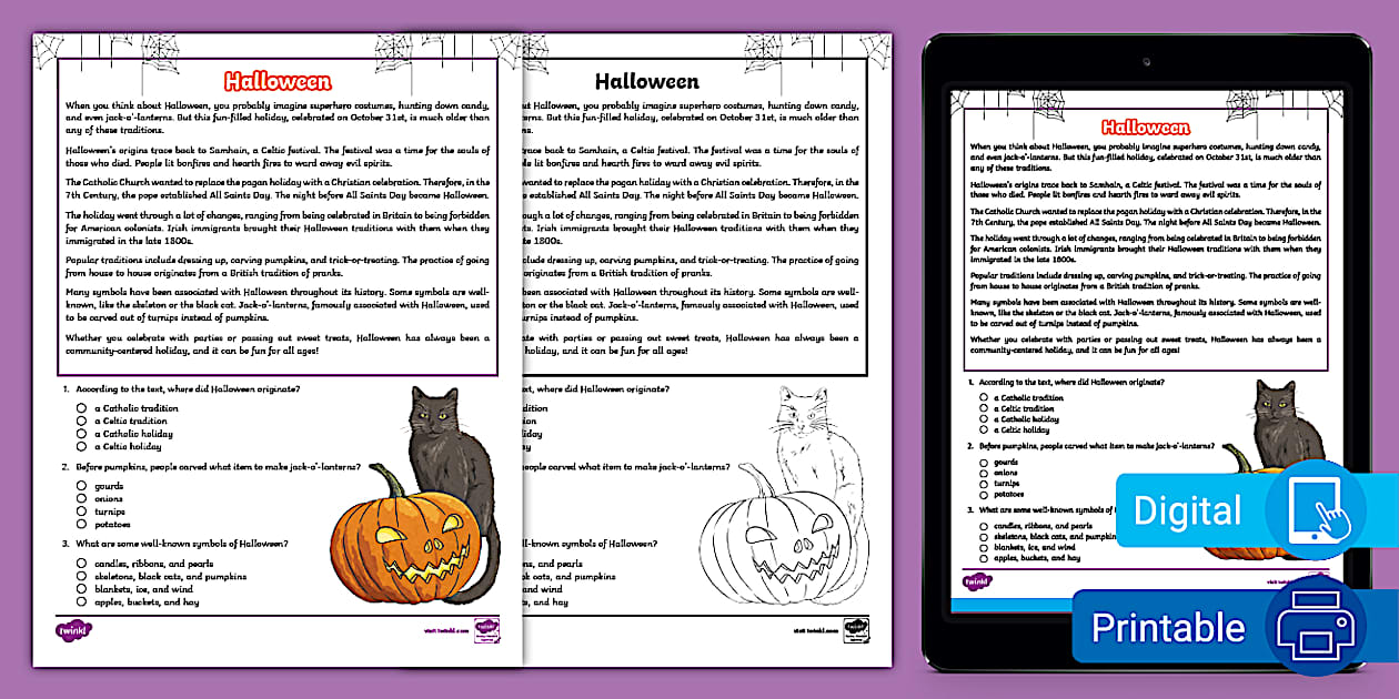 Fifth Grade Halloween Reading Comprehension Worksheet