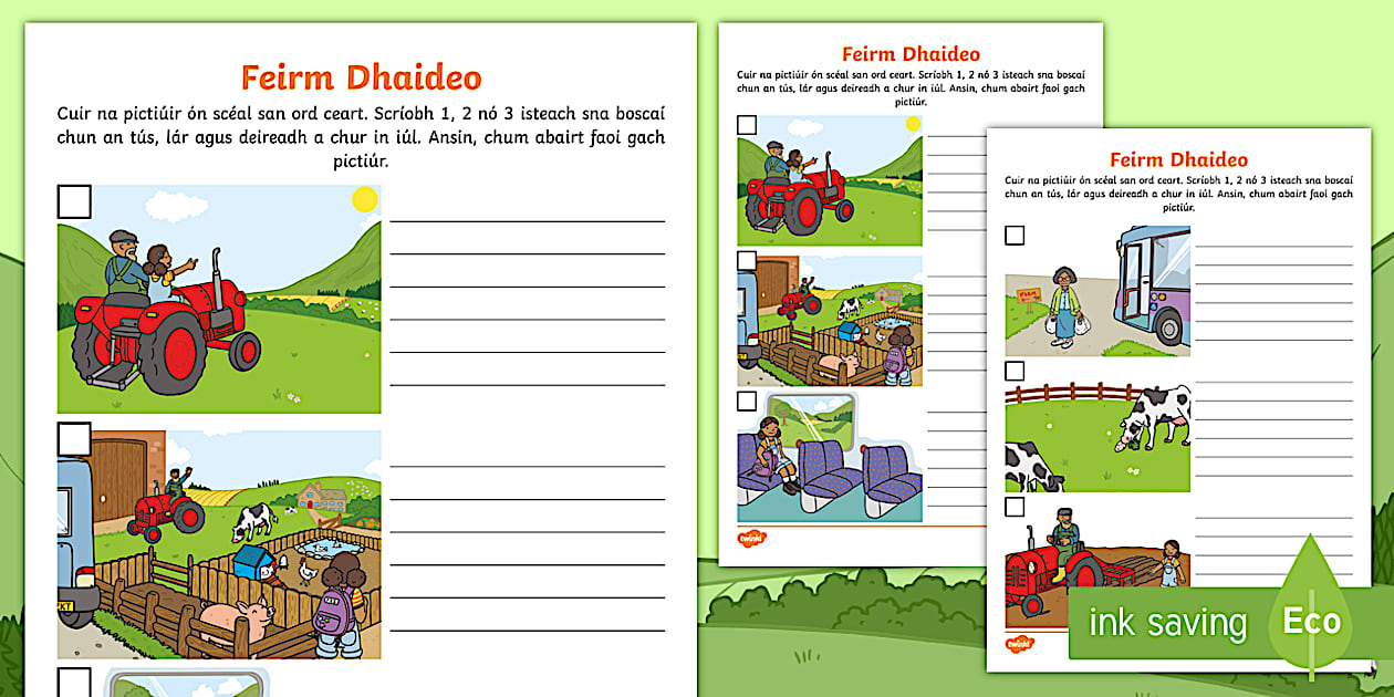 Bileog Oibre: Ag Cur Pictiúr in Ord, Feirm Daideo - Twinkl