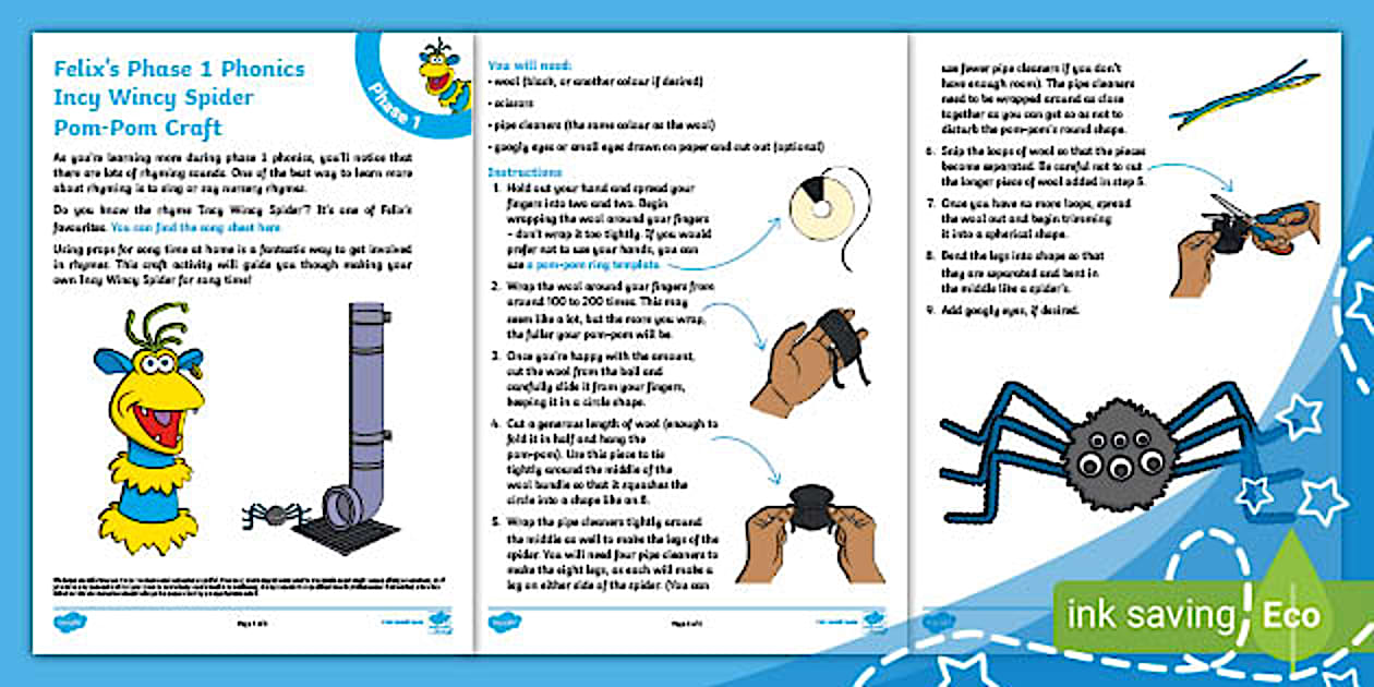 Felix's Phase 1 Phonics Incy Wincy Spider Pom-Pom Craft Instructions