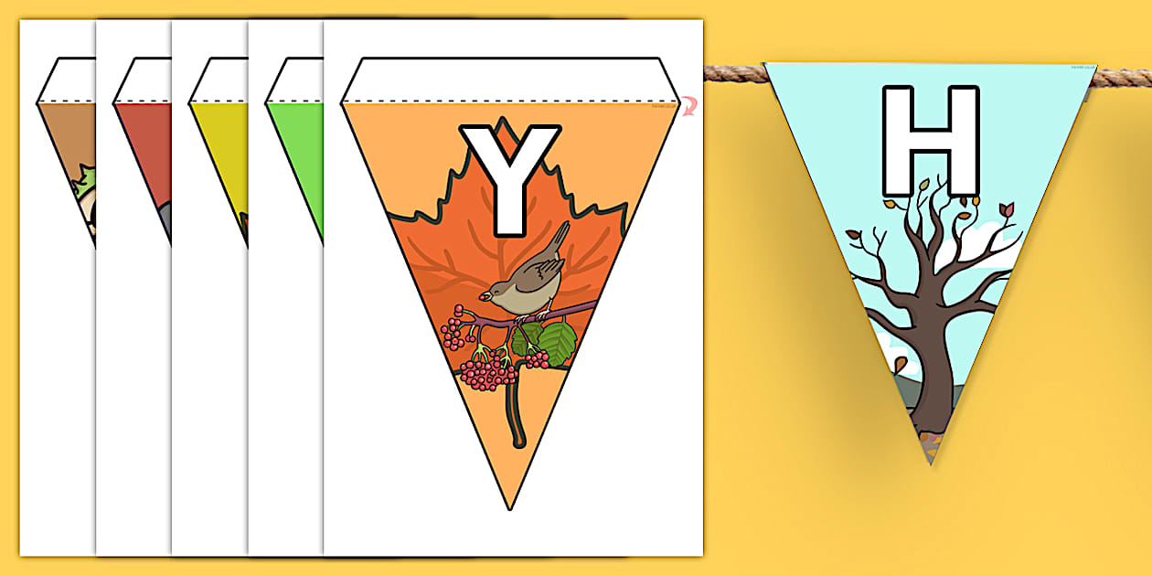 Autumn Display Lettering Bunting Welsh Translation - Twinkl