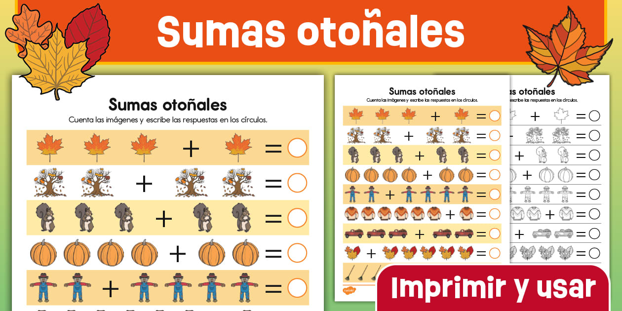 Hoja de trabajo de matemáticas: Sumas otoñales hasta el 10