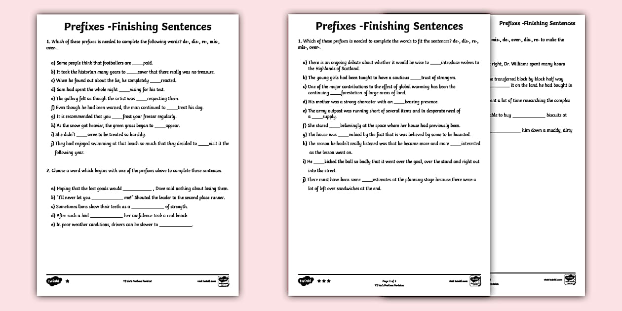 Prefixes - Finishing Sentences Differentiated Worksheet / Worksheet Pack