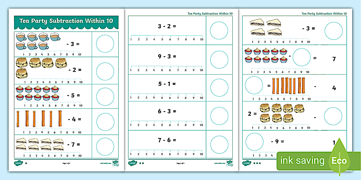👉 Tea Party Subtraction Within 10 Worksheet - Twinkl