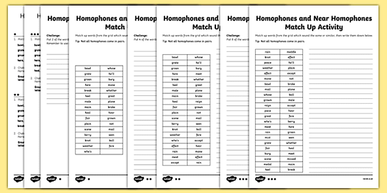 Years 3 and 4 Homophones and Near Homophones Worksheets