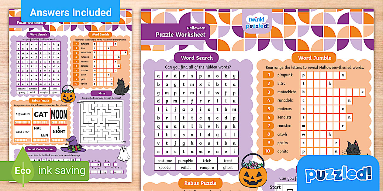 Halloween Puzzle Worksheet - Twinkl Puzzled (teacher made)