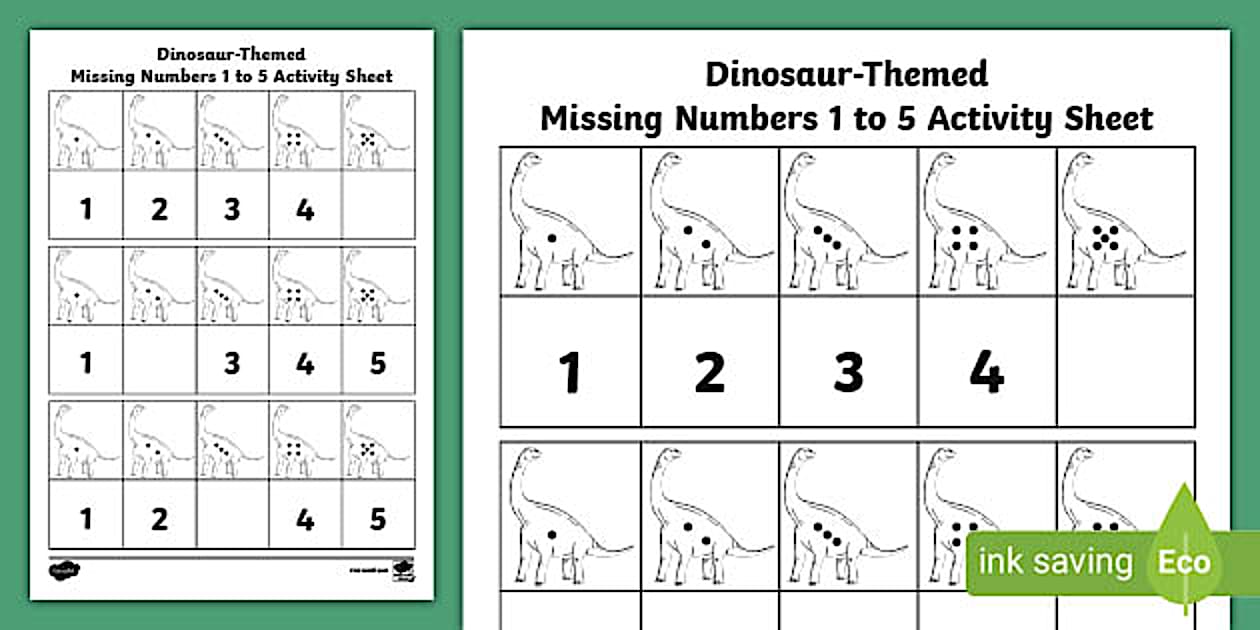 👉 Dinosaur-Themed Missing Numbers 1 to 5 Worksheet