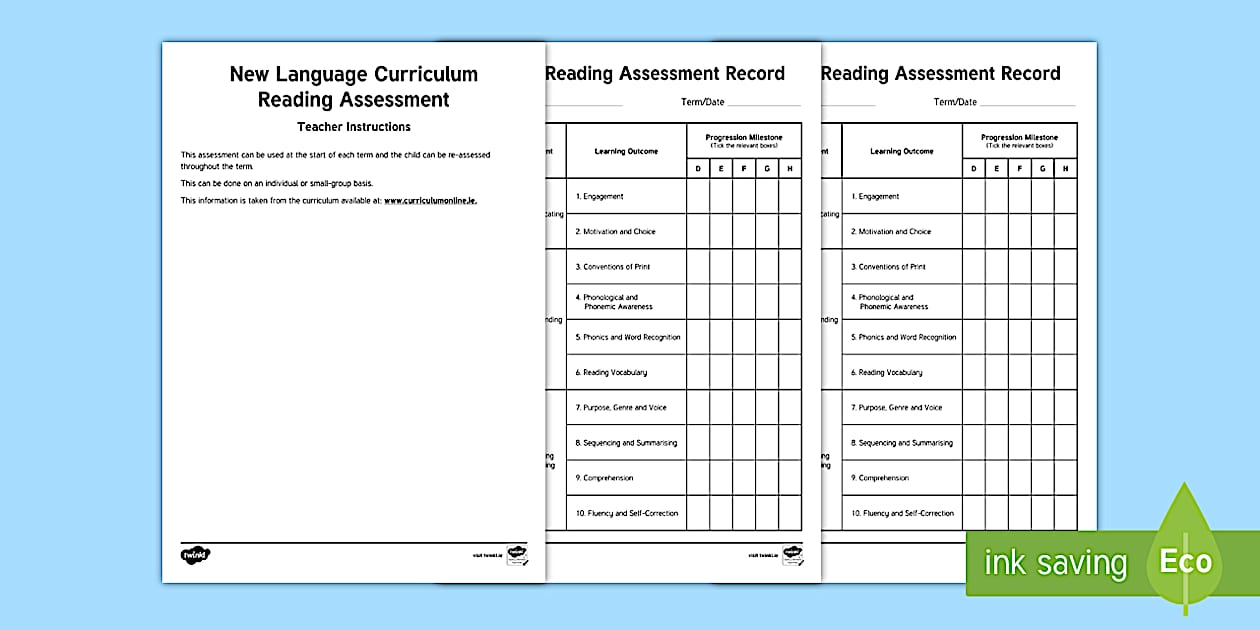 New Language Curriculum 1st & 2nd Class Reading Assessment Tracker