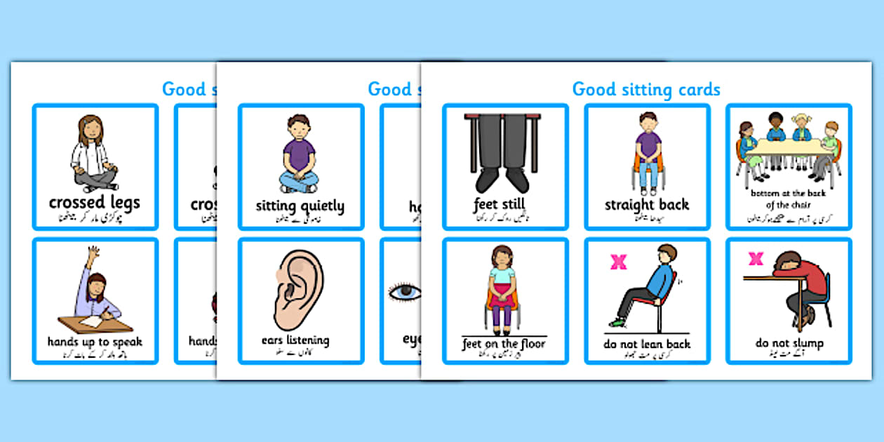 Good Sitting Cards Urdu Translation (teacher made) - Twinkl