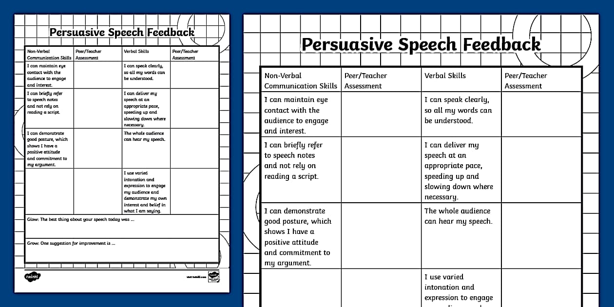 Persuasive Speech Feedback Worksheet for 6th-8th Grade