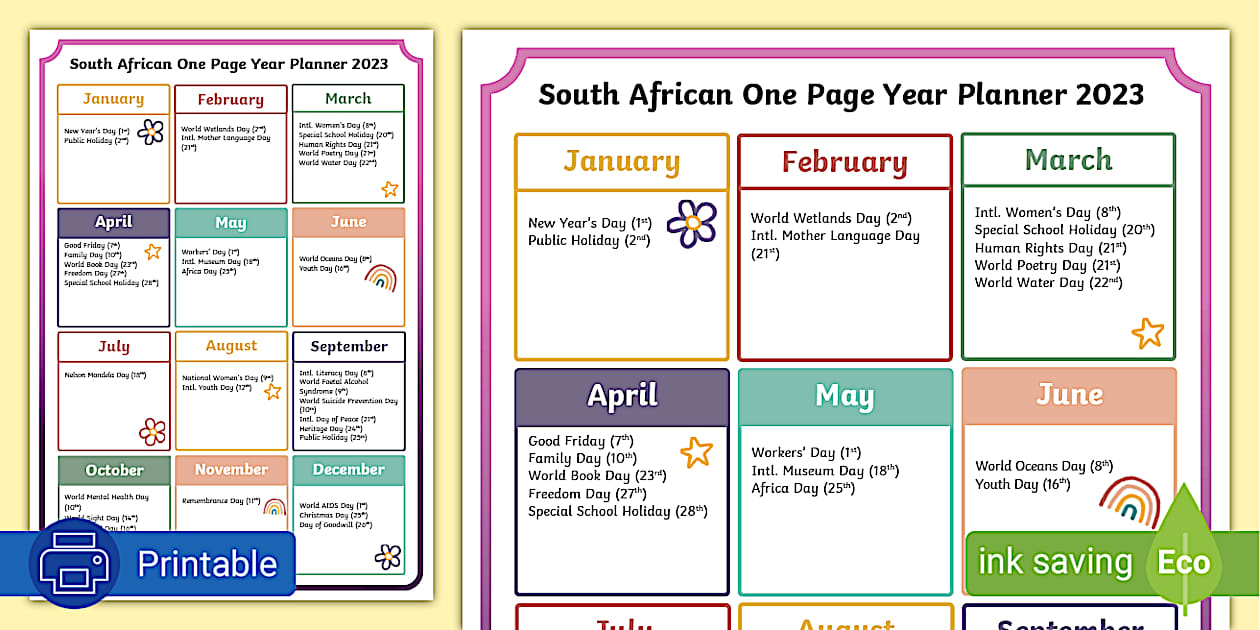 South African One Page Year Planner (teacher made) - Twinkl
