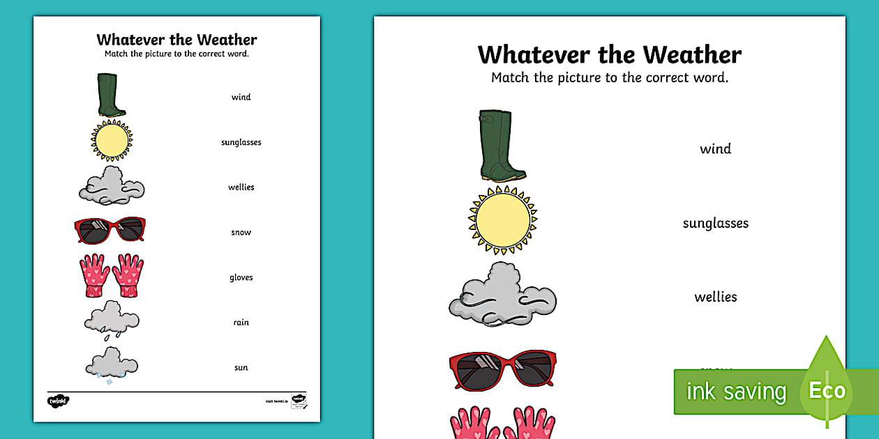 Black and White Whatever the Weather Word to Picture Matching Worksheet