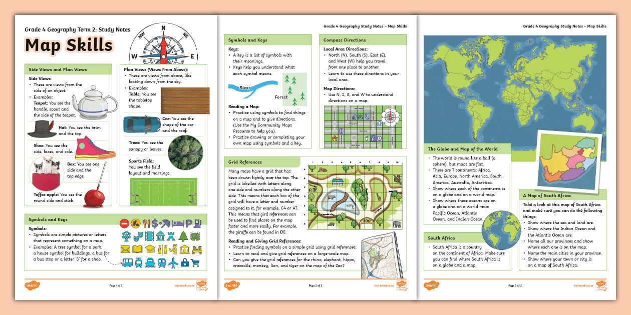 Grade 4 Geography - Term 2 - Study Notes on Map Skills (CAPS Aligned)
