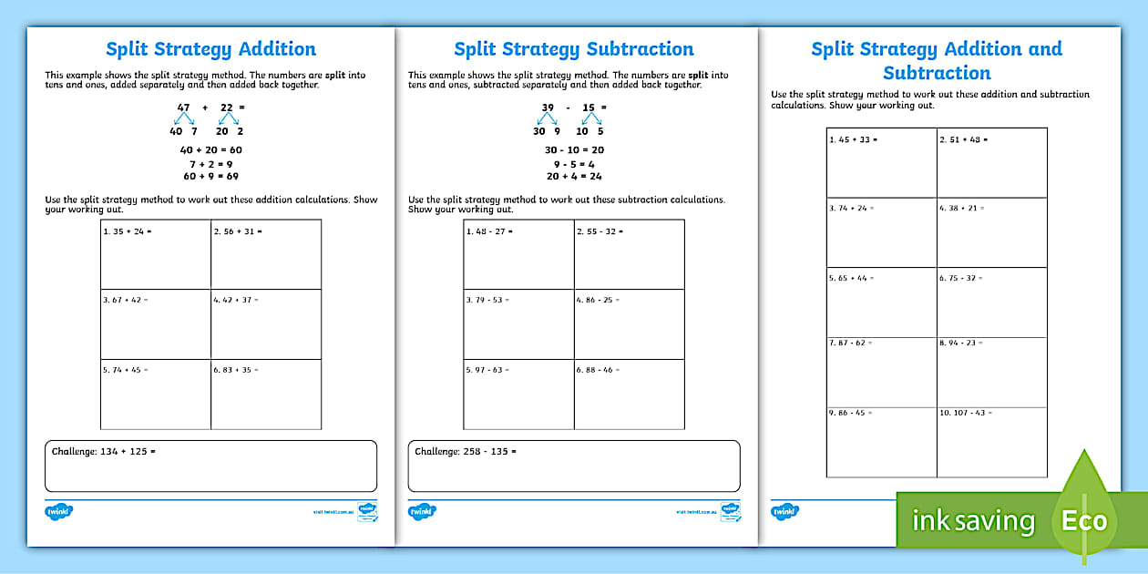 Split Strategy Addition and Subtraction Worksheets - Twinkl
