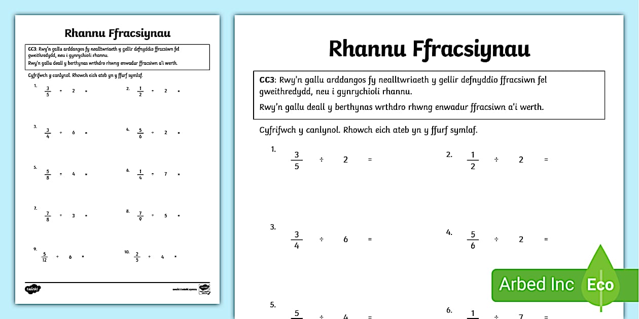 Taflen Weithgaredd Rhannu Ffracsiynau (l'enseignant a fait)