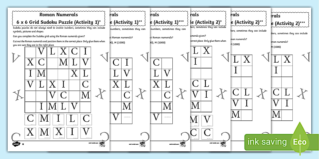 Roman Numerals 6 x 6 Grid Sudoku Puzzles - Twinkl