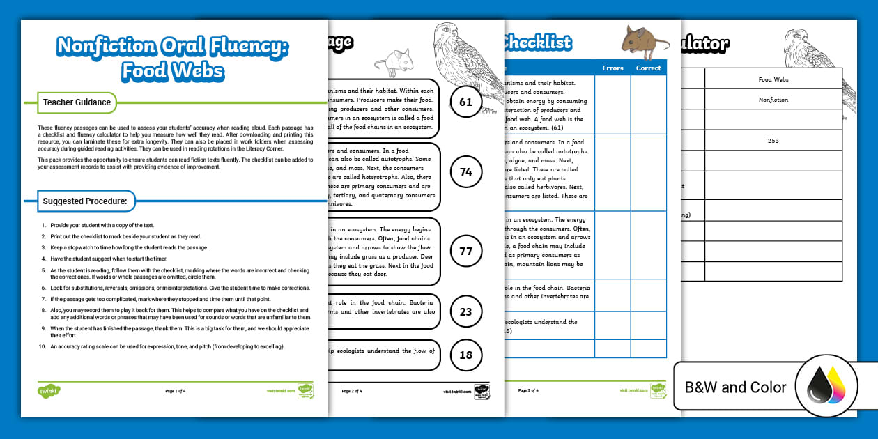 Third Grade Nonfiction Oral Fluency Assessment: Food Webs