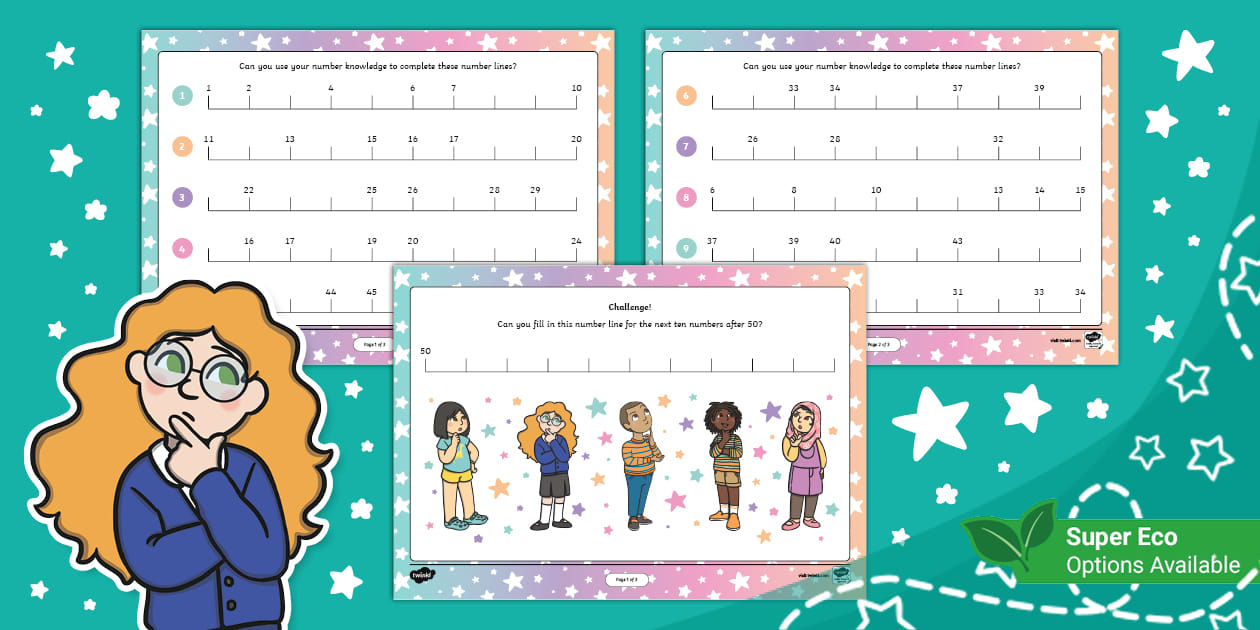 Filling In Missing Numbers on a Number Line to 50 Worksheet