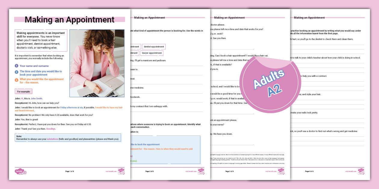 ESL Making an Appointment Activity Sheet [Adults, A2]