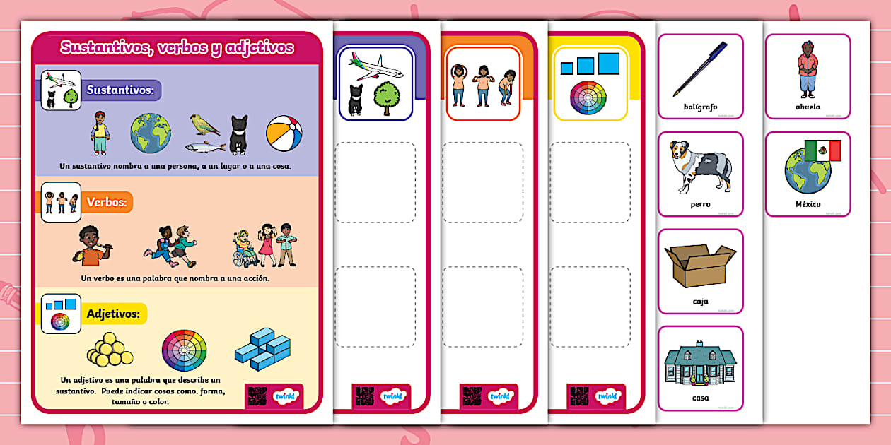 Hoja de actividad: sustantivos, adjetivos y verbos - Twinkl
