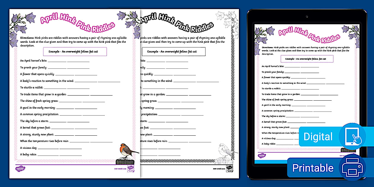 April Hink Pink Riddles Worksheet for 6th-8th Grade - Twinkl