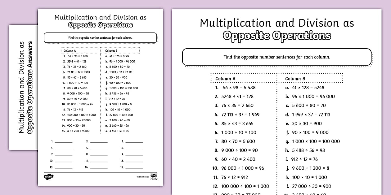 Multiplication and Division as Opposite Operations Activity Sheet