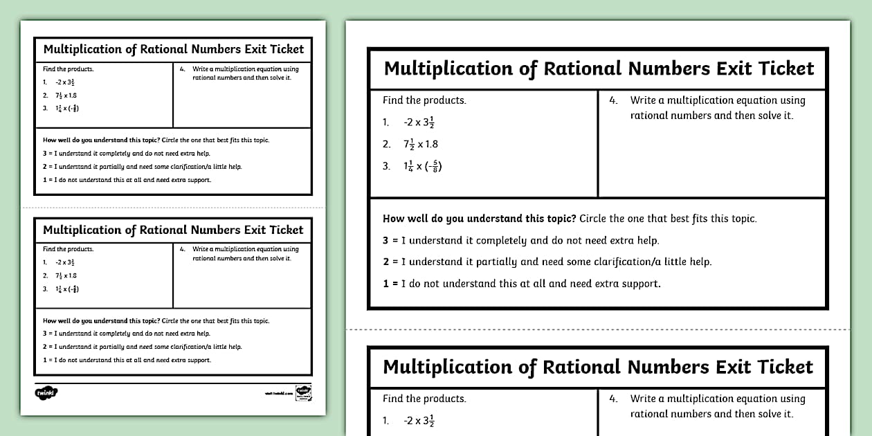 Seventh Grade Multiplication of Rational Numbers Exit Ticket