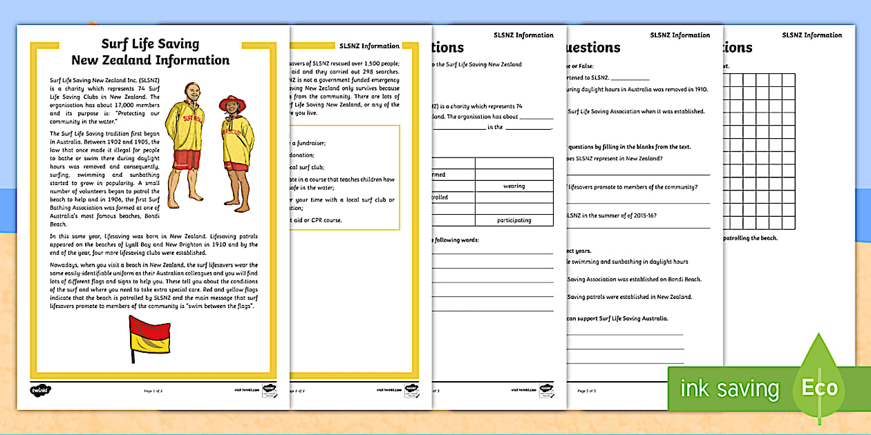 Surf Life Saving New Zealand Worksheet / Worksheet-Australia