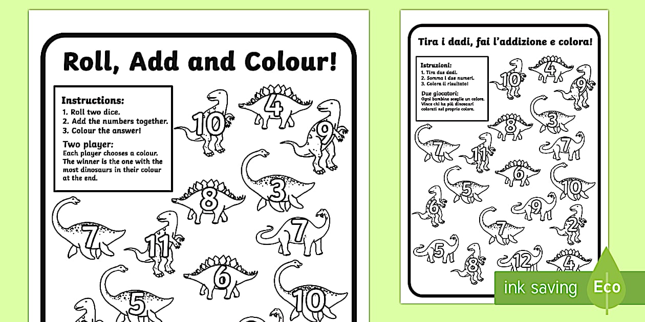 Editable Dinosaur Colour and Roll Worksheet English/Italian
