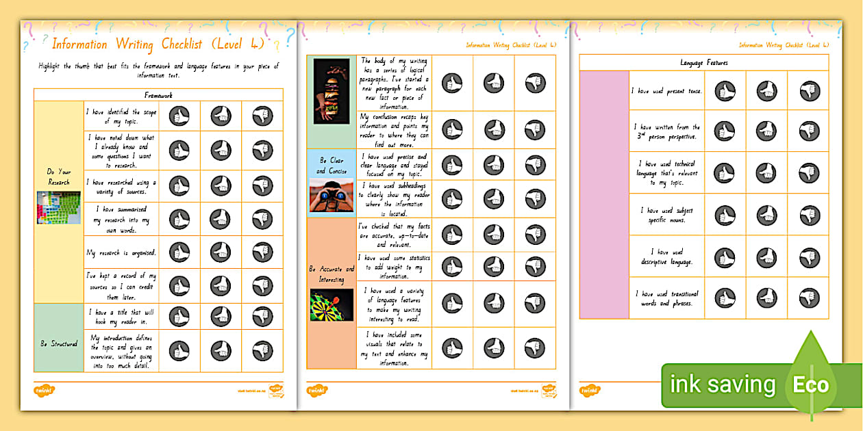 Level 4 Information Writing: Student Checklist - Twinkl