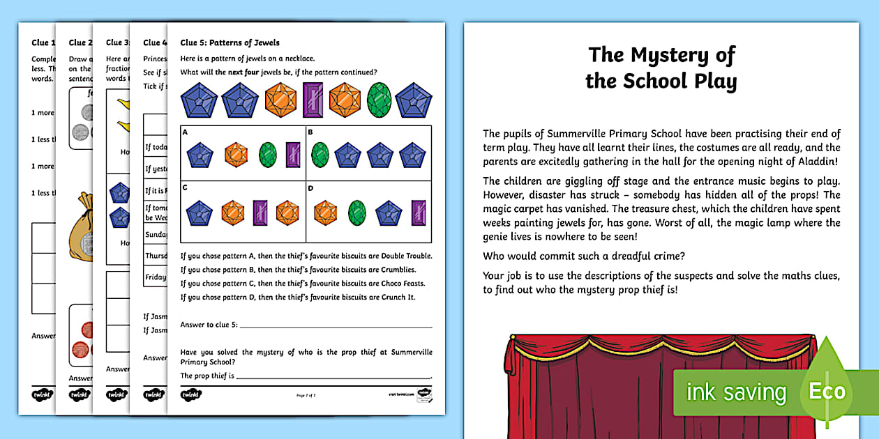 Editable KS1 Mystery at the Summerville School Play Maths Game