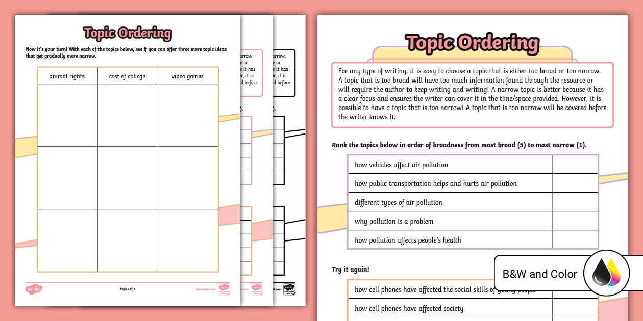 Seventh Grade Broad vs. Narrow Scope Topic Ordering Activity
