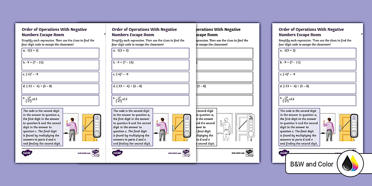 Seventh Grade Order of Operations with Negative Numbers Math Escape Room