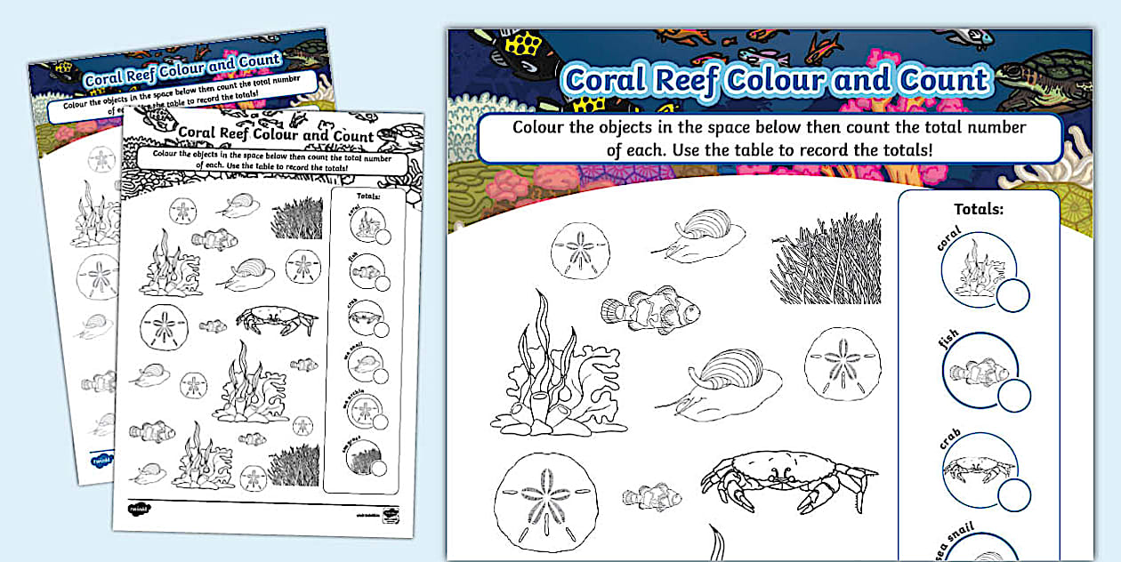 Coral Reef Colour and Count Worksheet - Twinkl