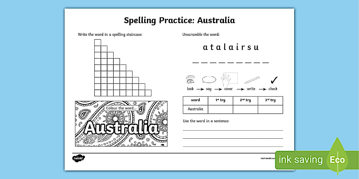 Australia Spelling Practice Worksheet (teacher made)