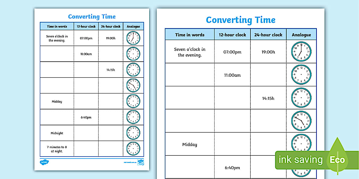 Converting Times Worksheet - Primary Resources - Twinkl