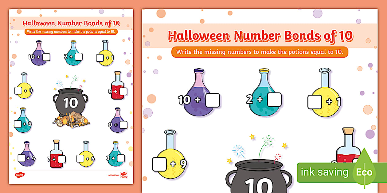 👉 Halloween Number Bonds of 10 Maths Worksheet - Twinkl
