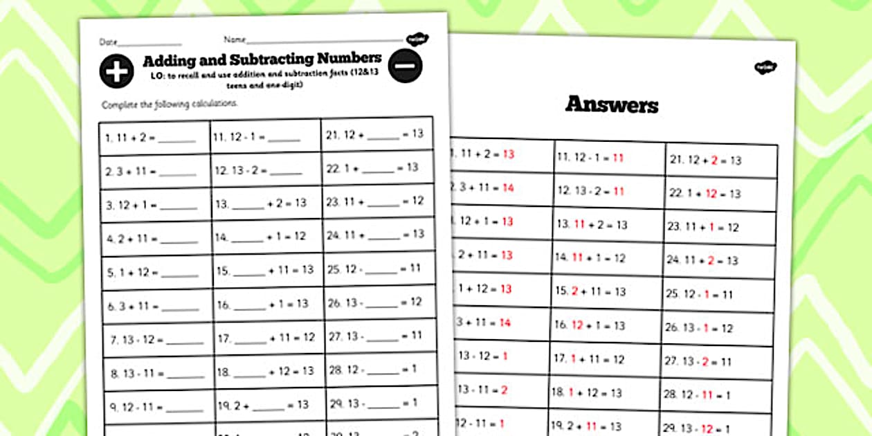 Number Facts to 12 and 13 Worksheet Teens Add One Digit - facts