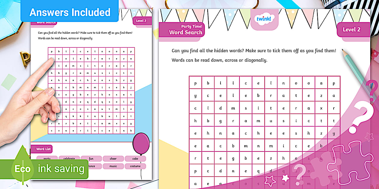 Party Time Fun Word Search Puzzle – L2 (teacher made)