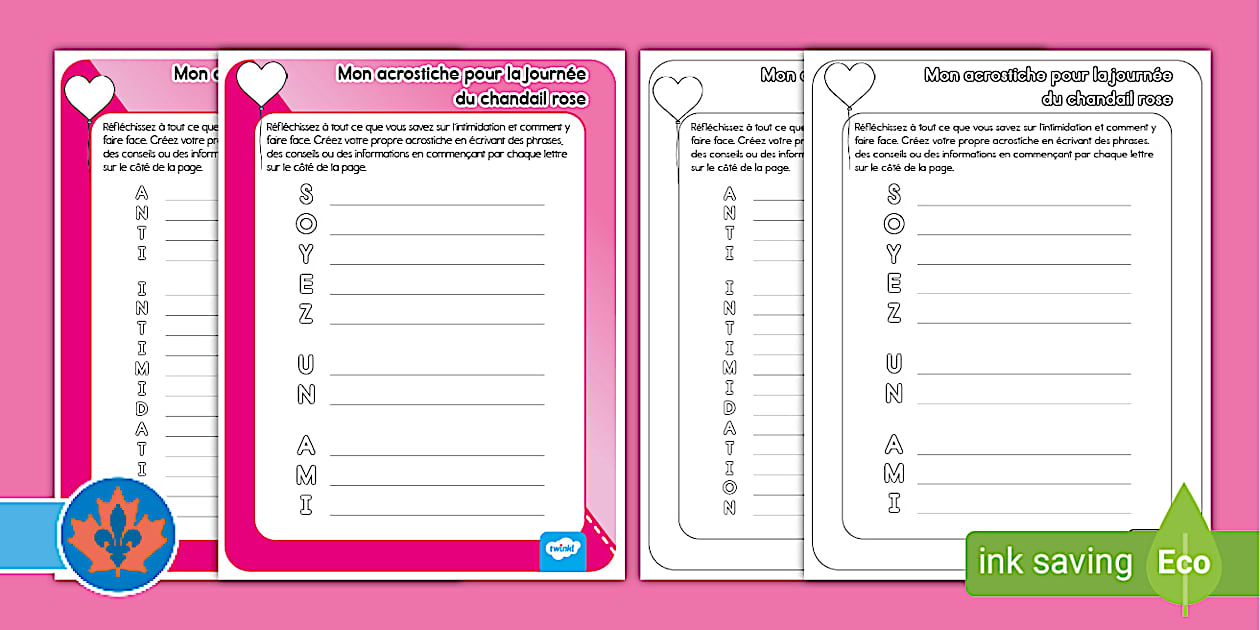 French Poems for Kids | Pink Shirt Day Activity