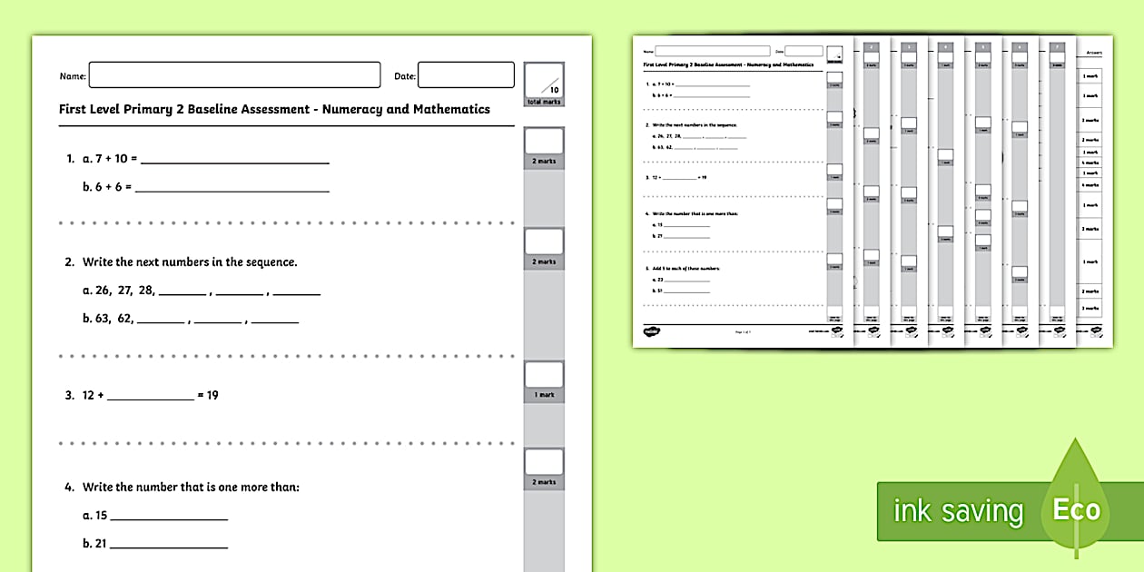 Editable First Level (P2) Baseline Maths Test Assessment