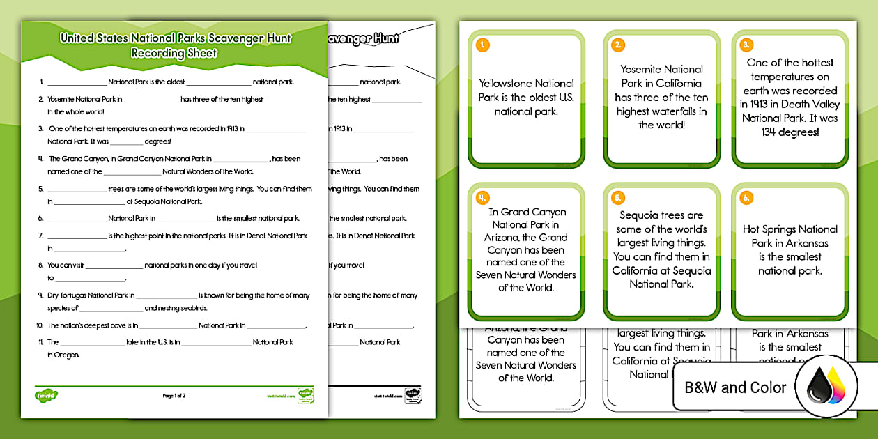 Second Grade United States National Parks Scavenger Hunt