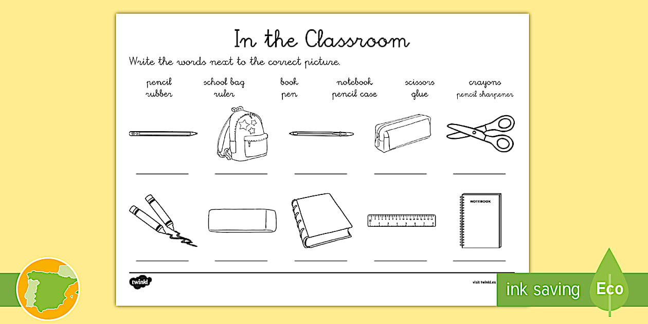 Editable Ficha de actividad: escribe objetos de la clase en inglés