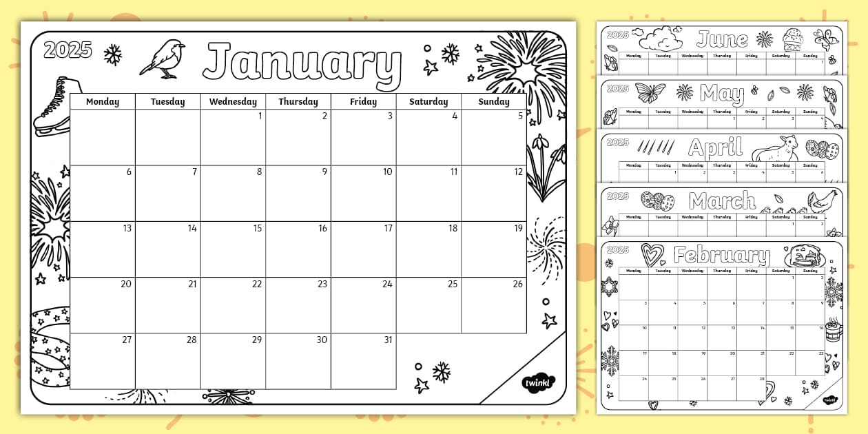 Let's Doodle a 2025 Calendar Colouring Pages (teacher made)